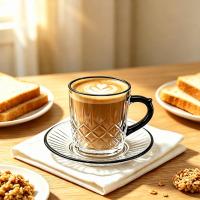 China Vintage High Quality Glass Coffee Mug with Saucer, Elegant Black Rim&Handle Glass Tea Cup Set for Breakfast and Other Hot or Cold Beverages for sale