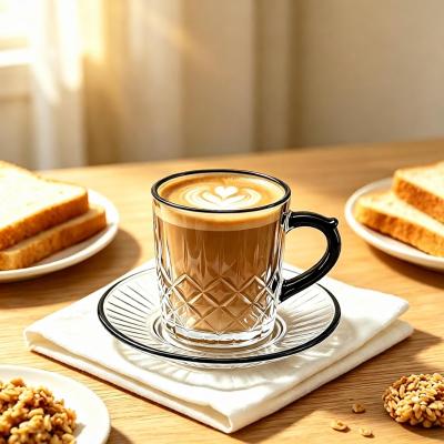 China Vintage High Quality Glass Coffee Mug with Saucer, Elegant Black Rim&Handle Glass Tea Cup Set for Breakfast and Other Hot or Cold Beverages for sale