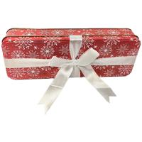 China Hot Sale 2025 Christmas Custom Gift Food Tin Box with White Ribbon and Gold Coating for sale