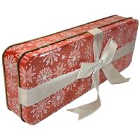China Hot Sale 2025 Christmas Custom Gift Food Tin Box with White Ribbon and Gold Coating for sale