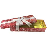 China Hot Sale 2025 Christmas Custom Gift Food Tin Box with White Ribbon and Gold Coating for sale