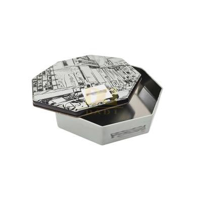 China Factory Customization Large Medium Small Capacities Octagonal Metal Box Black White Hand Drawn Illustration Comic Style Tin Box for sale