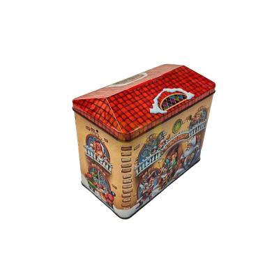 China Manufacturer OEM Galvanized Tin Box Christmas House Tin Mini Fun Cartoon Theme Chocolate Gift Boxes House Shaped Cookie Tin Box for sale