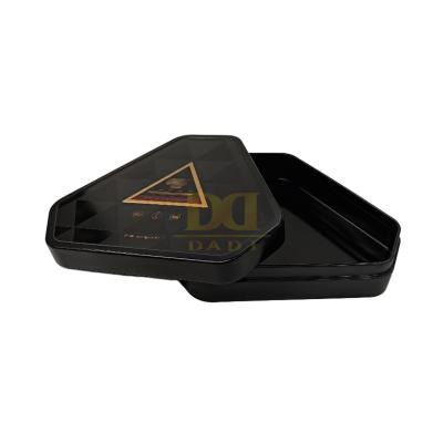 China Custom Triangle Shape Tins Matte Glossy Finish Black Embossed Diamond-shaped 3D Surface Patterns Stackable Tinplate Tin Box for sale