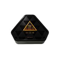 China Custom Triangle Shape Tins Matte Glossy Finish Black Embossed Diamond-shaped 3D Surface Patterns Stackable Tinplate Tin Box for sale