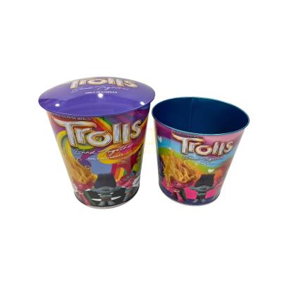 China Wholesale Custom Logo Repeated Use Tinplate Movie Large Popcorn Cups Tubs Containers Round Lid Cylinder Bucket Metal Packing for sale