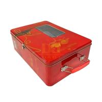 China Champagne Wine Olive Oil Outer Package Tinplate Gift Box Anti-collision Protection Portable Handle Visible Window Tin Container for sale