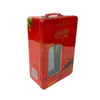 China Champagne Wine Olive Oil Outer Package Tinplate Gift Box Anti-collision Protection Portable Handle Visible Window Tin Container for sale