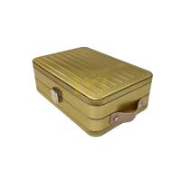 China FDA Elegant Champagne Gold Frosted Pearl Retro Leather Handle Manual Lock Buckle Rectangular Tin Box Metal Printing Packaging for sale