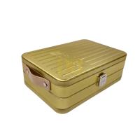 China FDA Elegant Champagne Gold Frosted Pearl Retro Leather Handle Manual Lock Buckle Rectangular Tin Box Metal Printing Packaging for sale