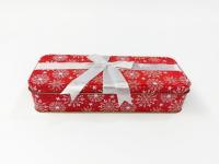 China Premium Christmas Tin Box - Red Snowflake Design with Luxury White Bow, Perfect Holiday Gift Metal Packaging Container for sale