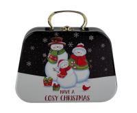 China Christmas Snowman Tin Box , Holiday Storage Container , Night Blue , Mini Holiday Candy and Gift Container , Hinged Lid , Embossed Santa Claus Print for sale