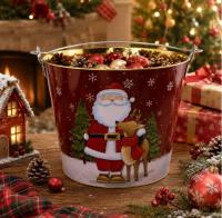 China Christmas Santa Reindeer Metal Ice Bucket, Festive Red, Tinplate, Bucket Festive Home Decor Piece for sale