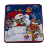 China Christmas Snowman Square Tin Box with Lid, Night Blue, Holiday Ice Bucket, Festive Cozy Theme Decoration for sale
