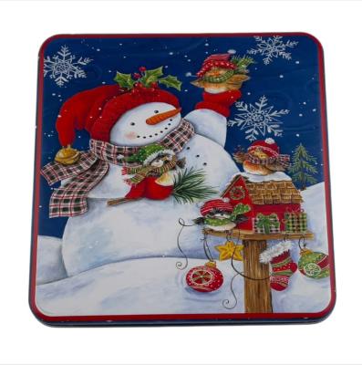 China Christmas Snowman Square Tin Box with Lid, Night Blue, Holiday Ice Bucket, Festive Cozy Theme Decoration for sale