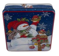 China Christmas Snowman Square Tin Box with Lid, Night Blue, Holiday Ice Bucket, Festive Cozy Theme Decoration for sale