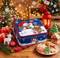 China Christmas Snowman Square Tin Box with Lid, Night Blue, Holiday Ice Bucket, Festive Cozy Theme Decoration for sale