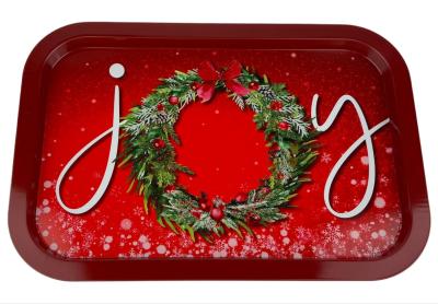 China Christmas Metal Serving Tray, Flower Wreath Print, Deep Red, Great For Decor, Display, And Gifting, Perfect For Parties, Dinners and Holidays for sale