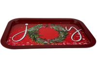 China Christmas Metal Serving Tray, Flower Wreath Print, Deep Red, Great For Decor, Display, And Gifting, Perfect For Parties, Dinners and Holidays for sale