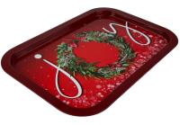 China Christmas Metal Serving Tray, Flower Wreath Print, Deep Red, Great For Decor, Display, And Gifting, Perfect For Parties, Dinners and Holidays for sale