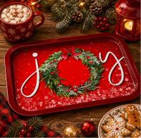 China Christmas Metal Serving Tray, Flower Wreath Print, Deep Red, Great For Decor, Display, And Gifting, Perfect For Parties, Dinners and Holidays for sale