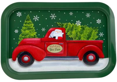 China Christmas Metal Serving Tray, Green Tray with Truck & Christmas Tree Design, Tinplate Tray, Holiday Decoration for sale