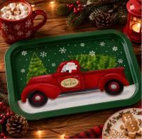 China Christmas Metal Serving Tray, Green Tray with Truck & Christmas Tree Design, Tinplate Tray, Holiday Decoration for sale