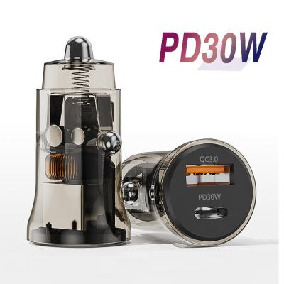China 30W USB C Car Charger Transparent Fast Charger PD QC3.0 6A Dual Port for iPhone Samsung for sale