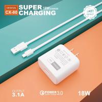China Single Port QC3.0 18W USB Charger Kit with 1M Cable EU/US Plug White for sale