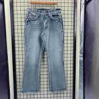 China Comfort Medium Wash Straight Leg Denim Jeans Full Length With Heavy Stitch Top Stitch for sale