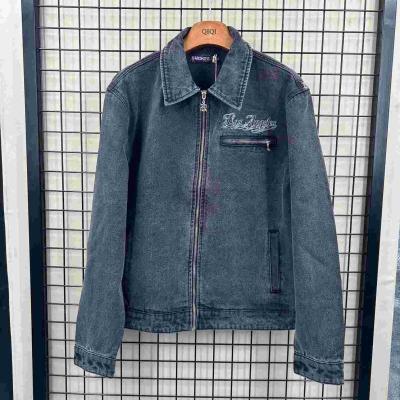 China Customized Men'S Embroidered Denim Jacket Acid Wash With Printed Logos for sale