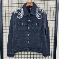 China Men'S Heavyweight Denim Jacket , Rigid Dark Wash Jacket Customized Graffiti Print for sale