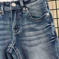 China Vintage Women's Bootcut Jeans Sand Wash Medium Blue Denim Jeans for sale