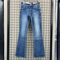 China Vintage Women's Bootcut Jeans Sand Wash Medium Blue Denim Jeans for sale
