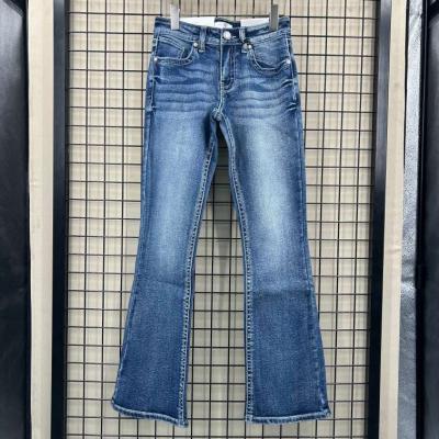 China Vintage Women's Bootcut Jeans Sand Wash Medium Blue Denim Jeans for sale