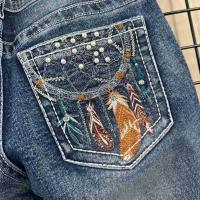 China Vintage Women's Bootcut Jeans Sand Wash Medium Blue Denim Jeans for sale