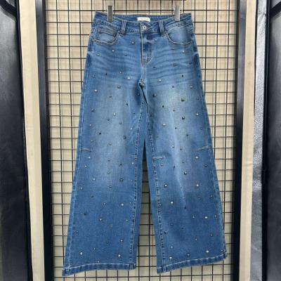 China Women'S Relaxed Fit Wide Leg Jeans Allover Scattered Mixed Metal Stud Embellishment Along Front Side for sale