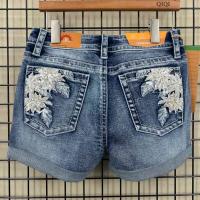China Women's Patchwork Denim Shorts Relaxed Fit Embroidered Sequins Contrast Wash Trendy Streetwear Design for sale