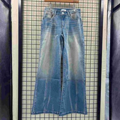 China Women's High Rise Straight Fit Jeans Patterned Hand Sanding Effect Casual Full Length Denim Jeans for sale