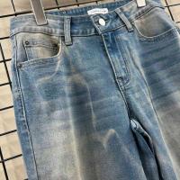 China Women's High Rise Straight Fit Jeans Patterned Hand Sanding Effect Casual Full Length Denim Jeans for sale