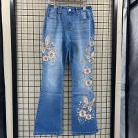 China Women's Bootcut High Waist Flared Jeans Medium Blue Denim Jeans with Heavy Embroidery for sale