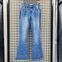 China OEM ODM Women's Stretch Bootcut Jeans , Medium Blue Sand Wash Flared Denim Jeans for sale