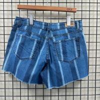 China Women's Mid Rise Denim Shorts Customized Stripe Print Frayed Hem Relaxed Summer Style for sale