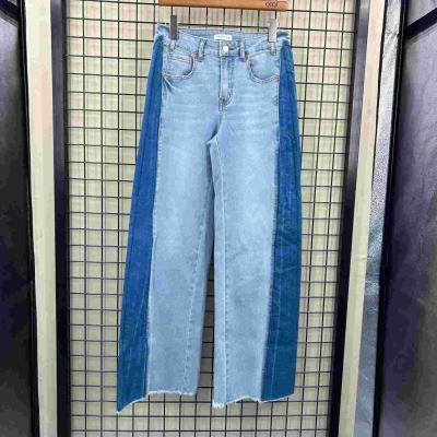 China Women'S Two Tone Wide Leg Jeans , Light Blue And Dark Indigo Color Block Denim Jeans for sale
