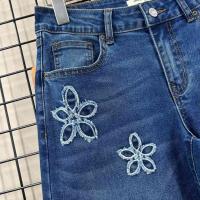 China Junior Patchwork Applique Wide Leg Jeans , Medium Blue Stone Washed Denim Jeans for sale
