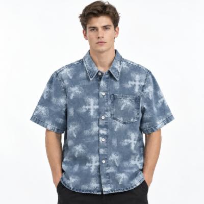 China Men's Regular Fit Denim Shirt Soft Breathable Material With Customize Print Button Up for sale