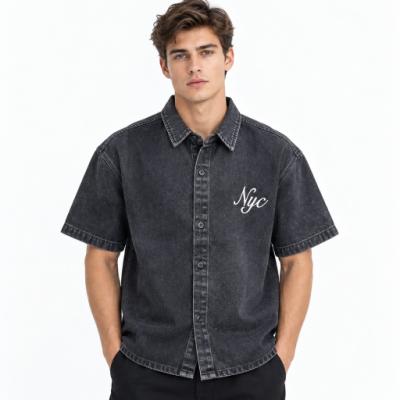 China OEM ODM Men'S Black Denim Shirts Long Sleeves Slim Fit Garment Dyed Casual Button Up Top for sale