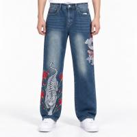 China Relaxed Fit Denim Jeans , Men'S Whiskered Sand Wash Jeans With Heavy Embroidery for sale