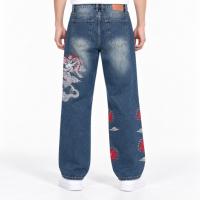 China Relaxed Fit Denim Jeans , Men'S Whiskered Sand Wash Jeans With Heavy Embroidery for sale