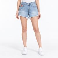 China Mid Rise Frayed Hem Denim Shorts Heavy Embroidery High Rise Relaxed Fit Denim Shorts for sale